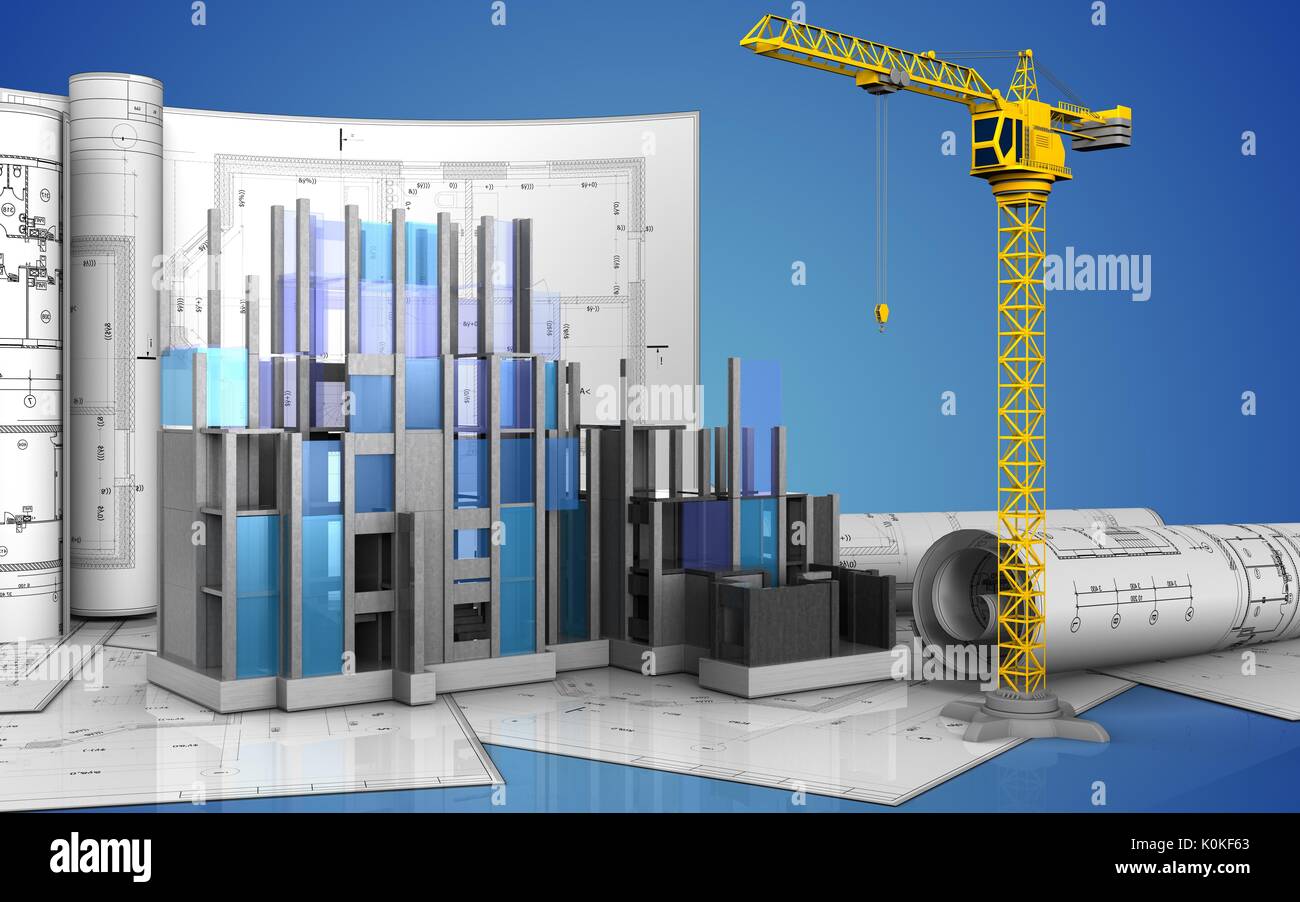 3d illustration of construction progress with drawings over blue ...