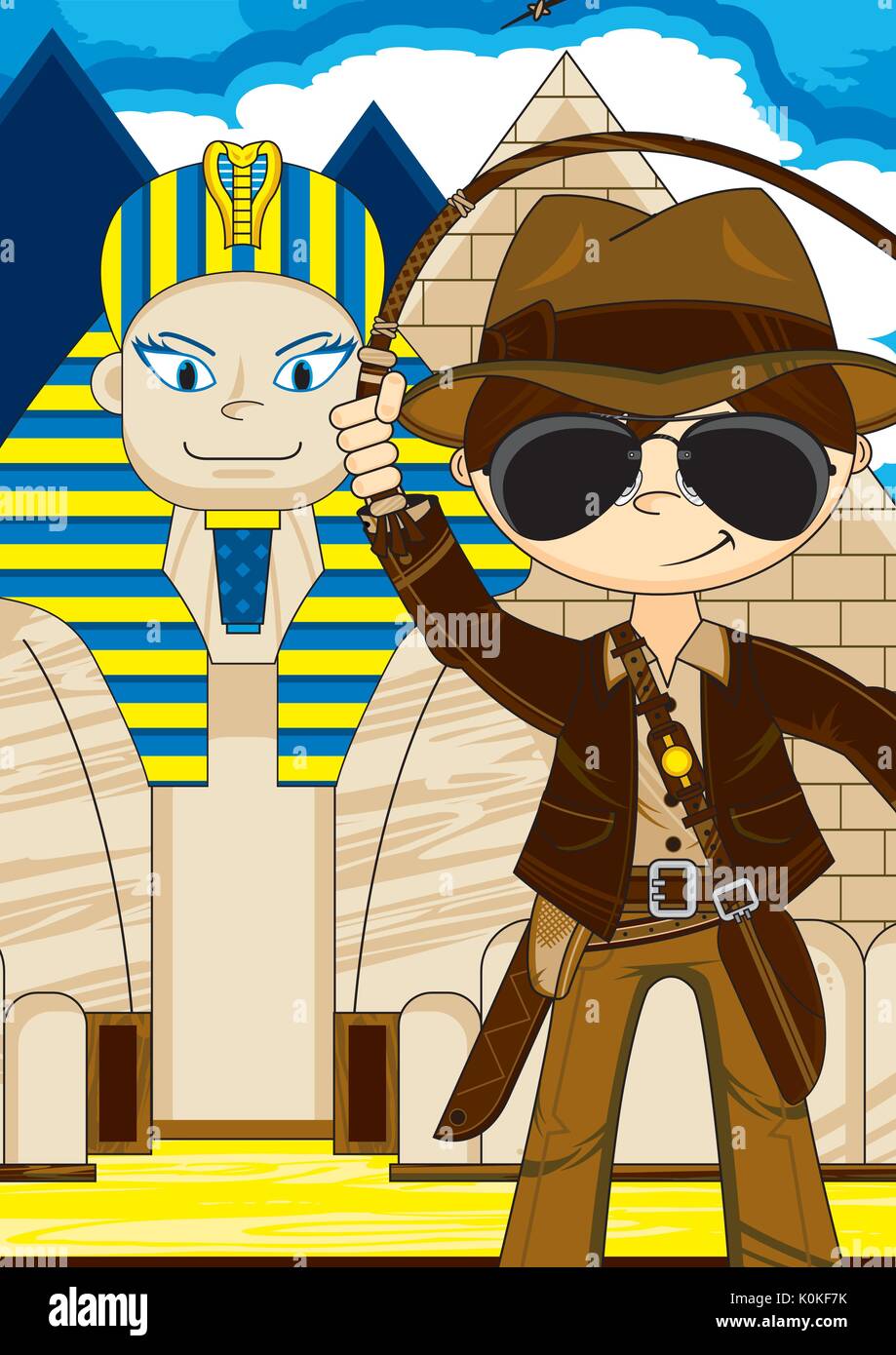 Cartoon Explorer Character with Egyptian Sphinx and Pyramid ...