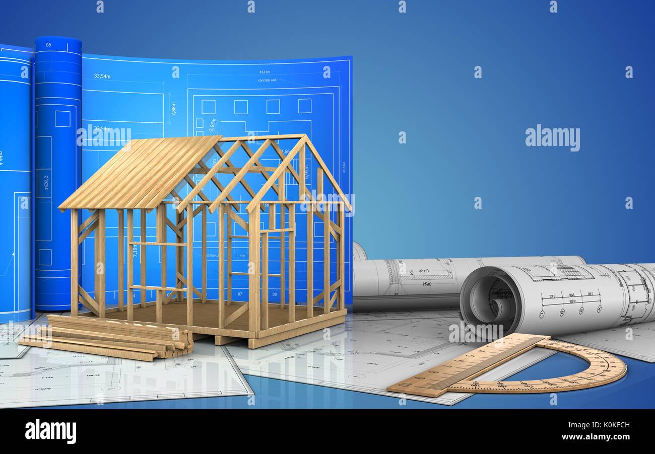 3d illustration of frame house construction with drawing roll over blue ...