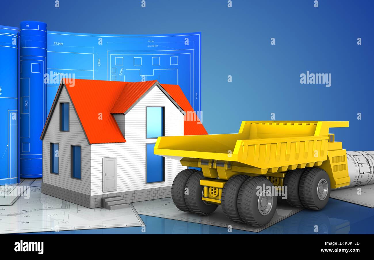 3d illustration of generic house with drawing roll over blue background ...