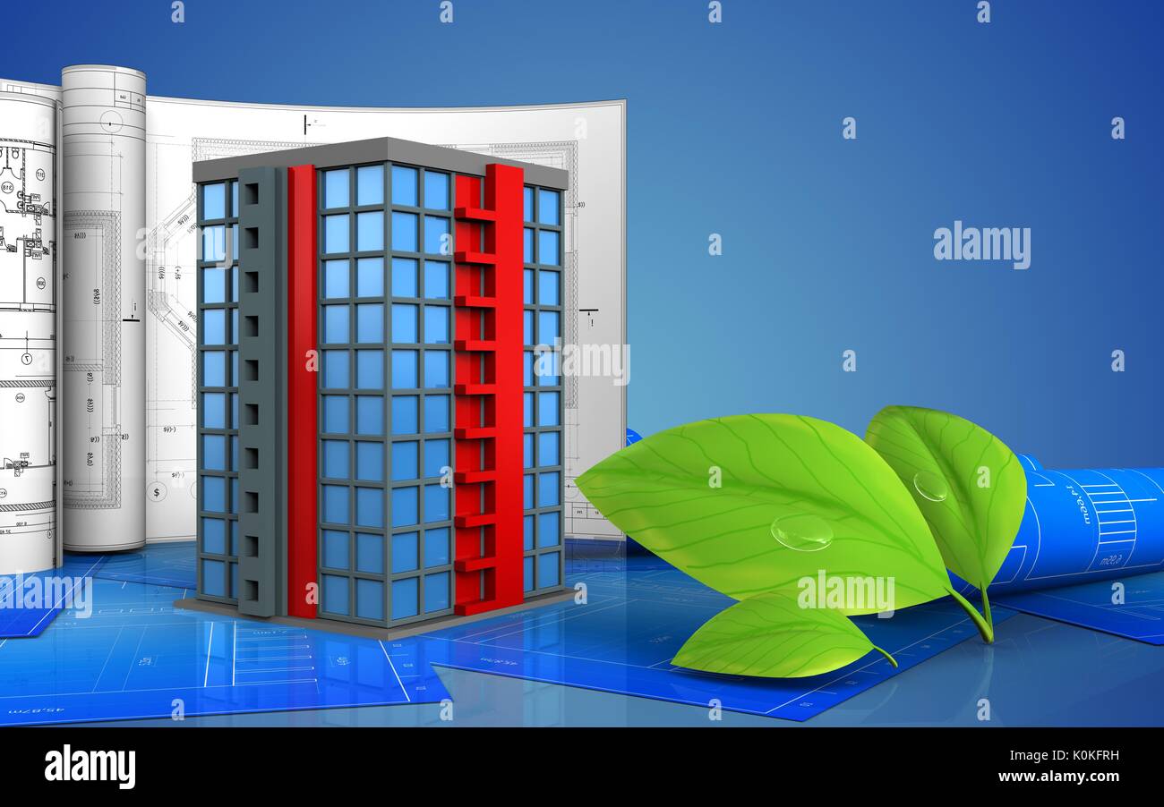 3d illustration of building with drawings over blue background Stock ...