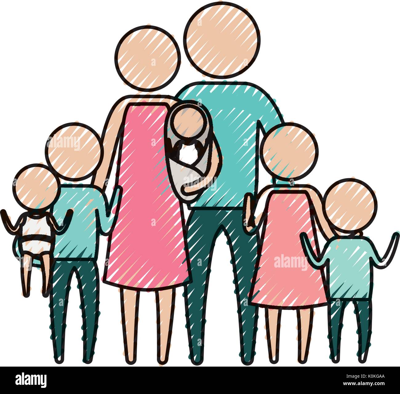 color crayon silhouette of pictogram big family group with several ...