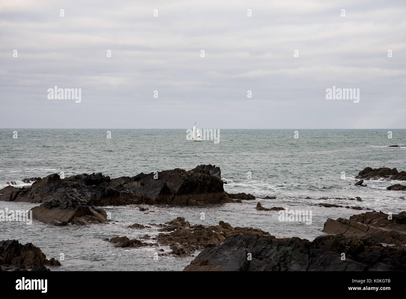 Yacht sailing in Banff Bay near MacDuff town coast in Scotland Stock ...