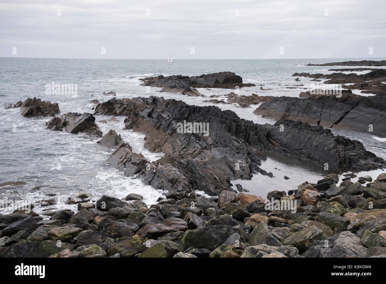Yacht sailing in Banff Bay near MacDuff town coast in Scotland Stock ...
