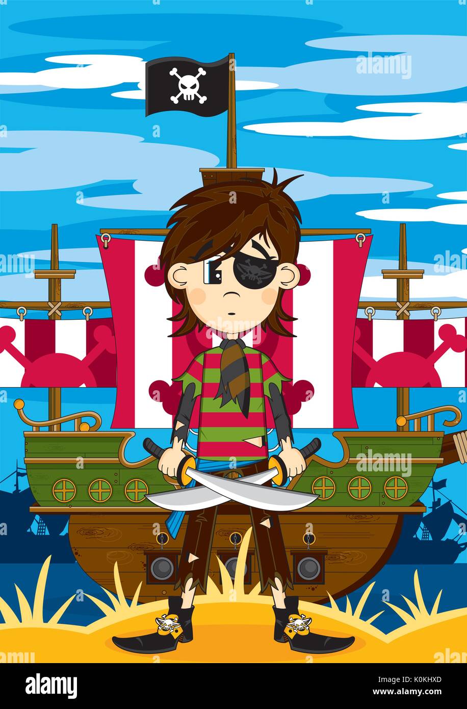 Cute Cartoon Eyepatch Pirate and Pirates Ship Vector Illustration Stock ...