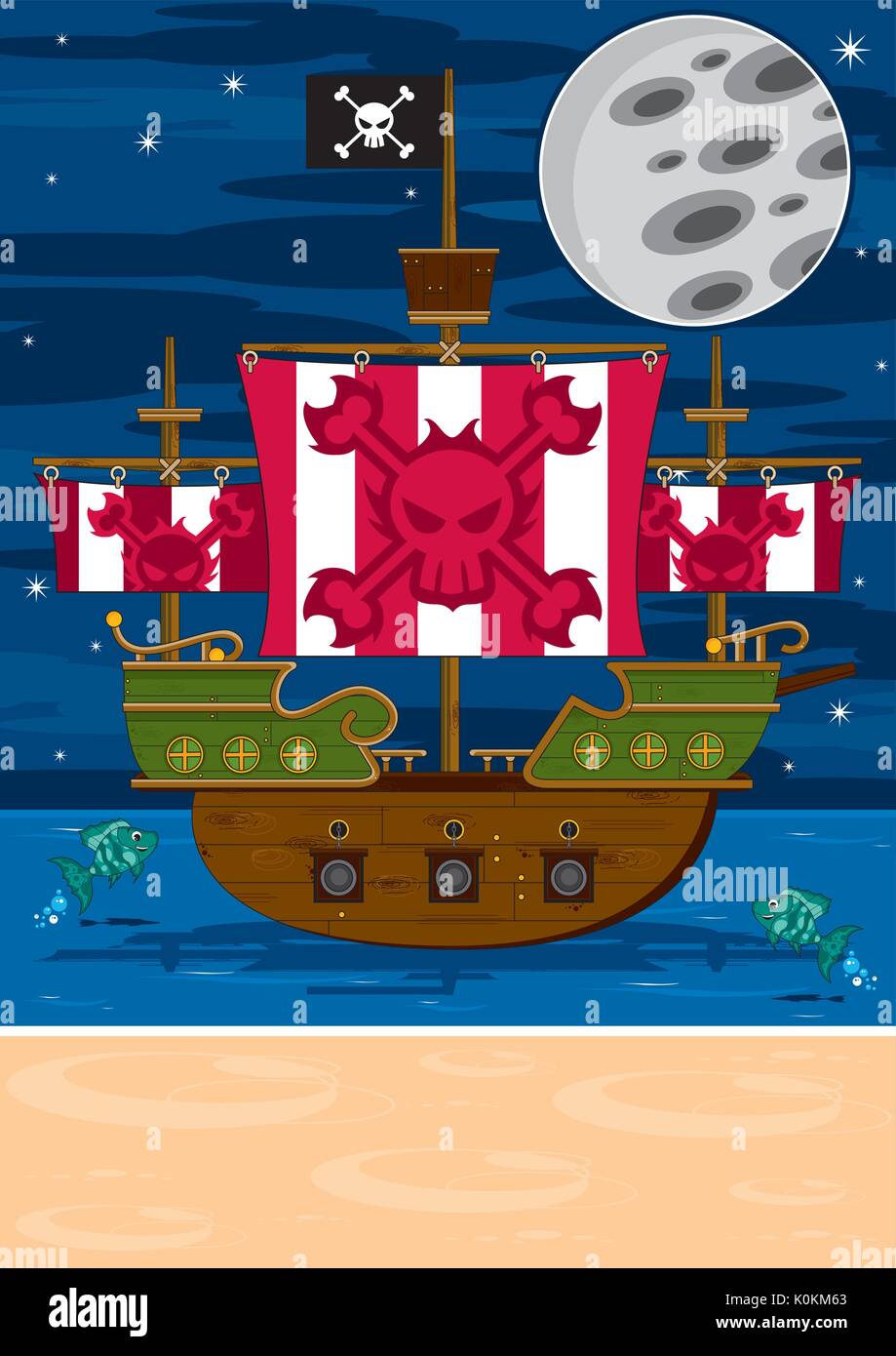 Cartoon Pirates Ship and Fish Vector Illustration Stock Vector Image ...