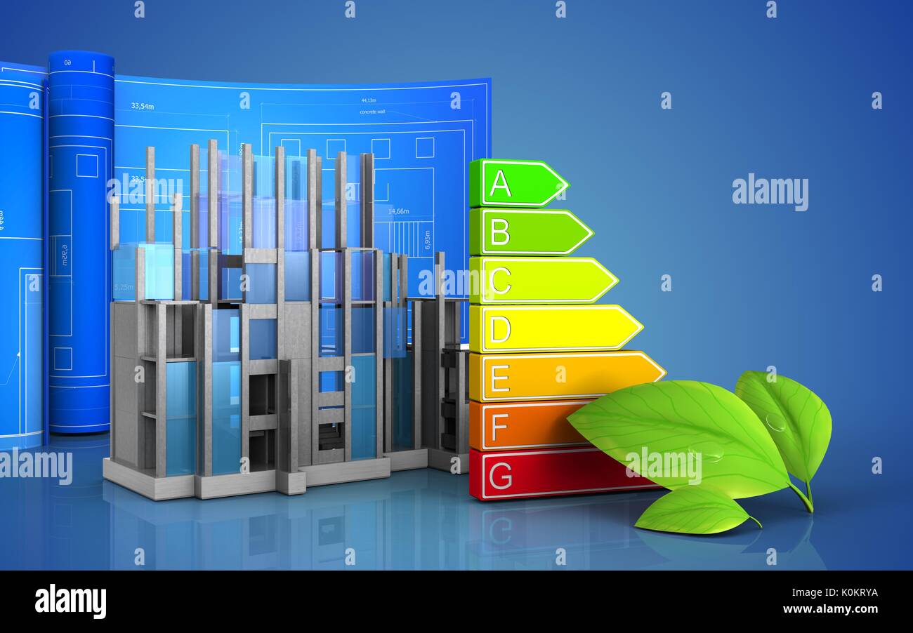 3d illustration of construction progress with drawing roll over blue ...