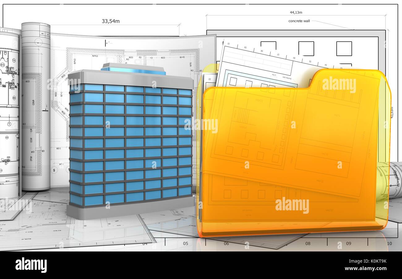 3d illustration of generic building with drawings over blueprint ...