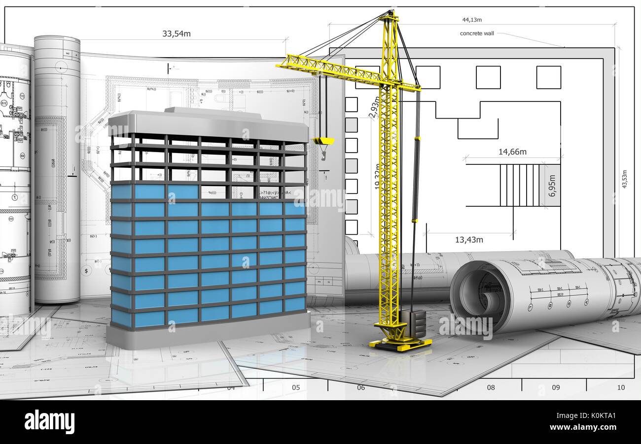3d illustration of building construction with drawings over blueprint ...
