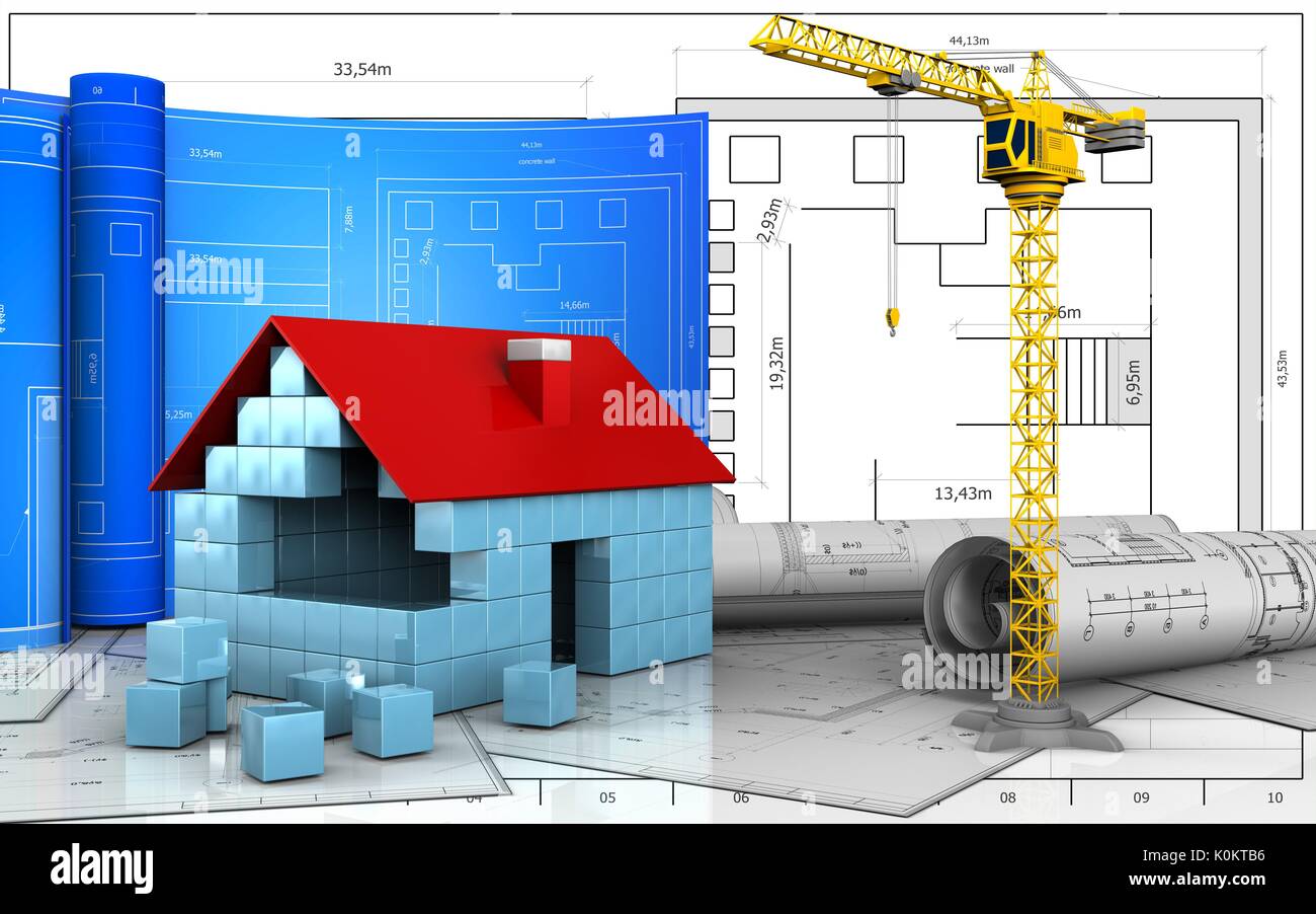 3d illustration of house blocks construction with drawing roll over ...