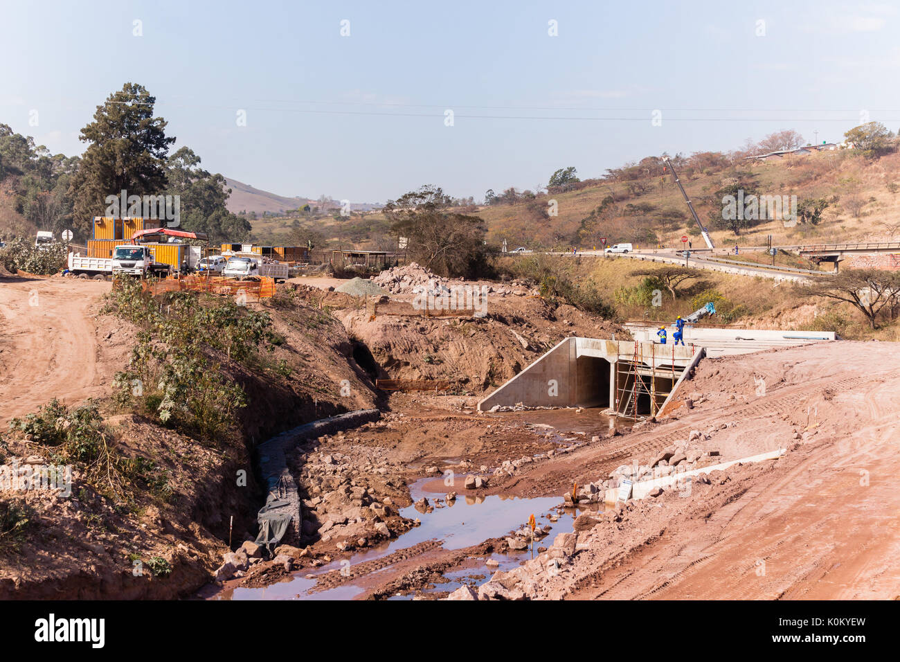 Construction new river flood zone highway bridge crossing halfway ...