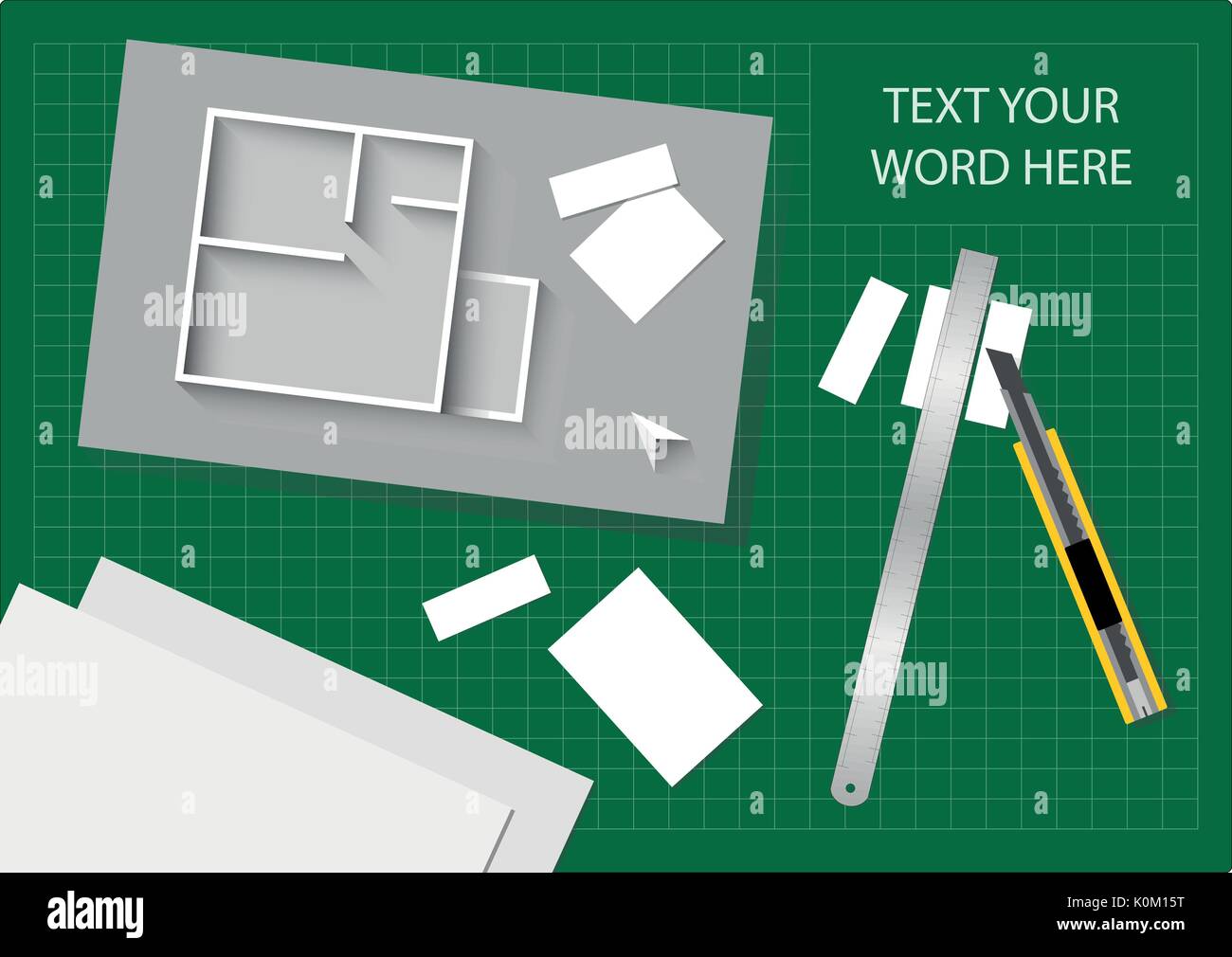 Model and paper are cut on green cutting mat by steel ruler and cutter ...