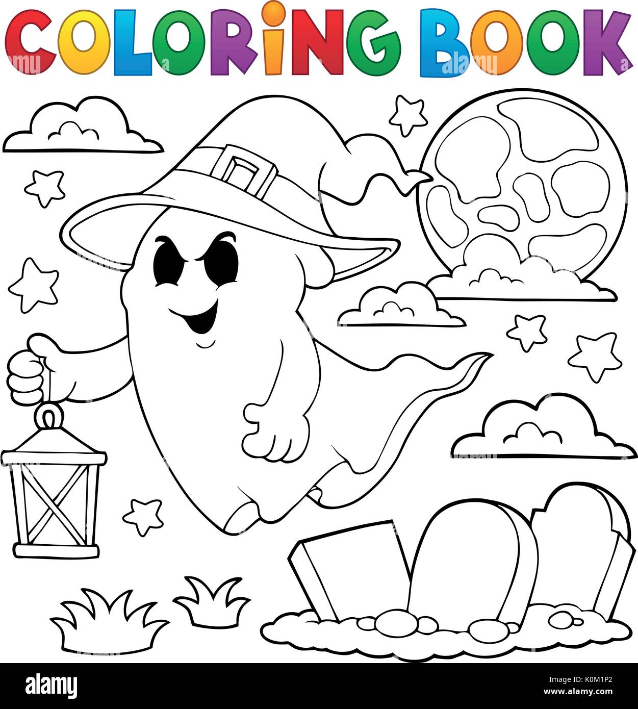 Coloring book ghost with hat and lantern - eps10 vector illustration ...