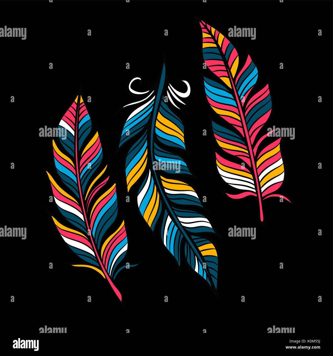 Colored Feathers in a flat style. Isolated on a black background Stock ...
