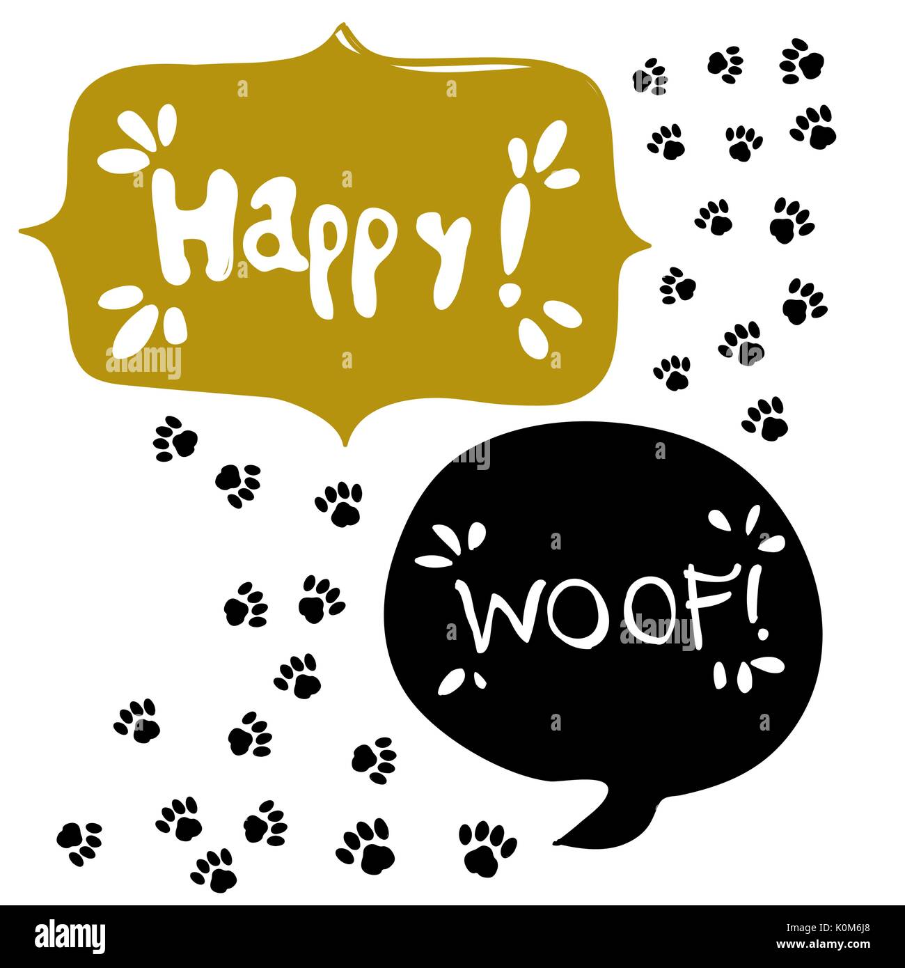 speech bubble. Text Happy. Paw sign icon. Dog pets steps symbol. Think ...