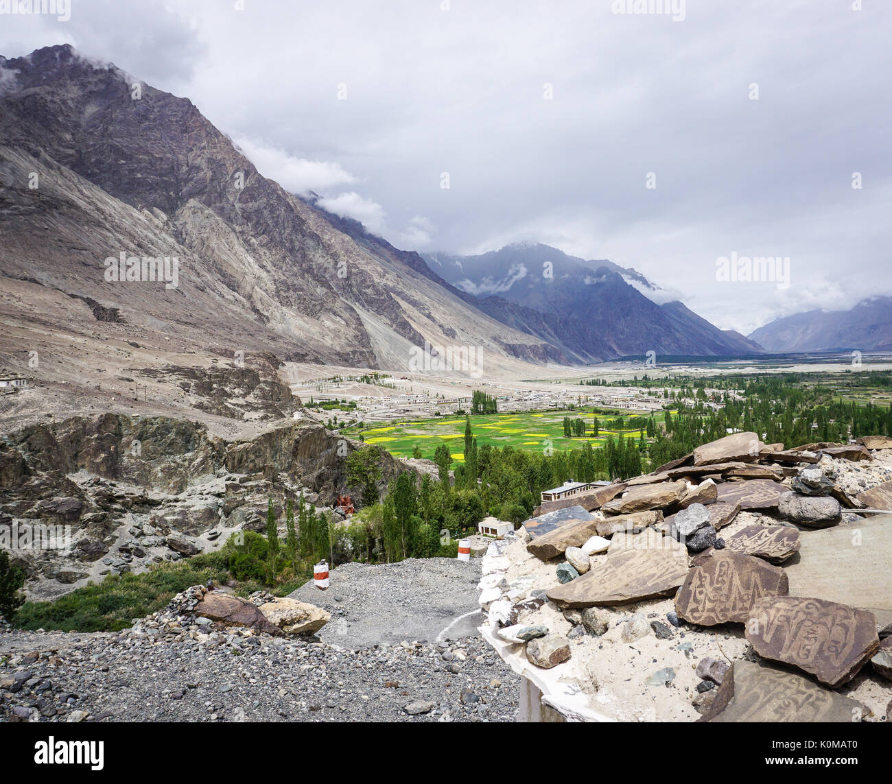 Green valley with fields at sunny day in Ladakh, India. Ladakh is the ...