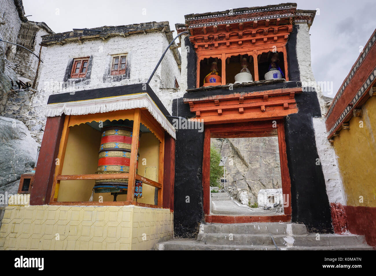 Inside of ancient Buddhist temple in Ladakh, India. Ladakh is the ...