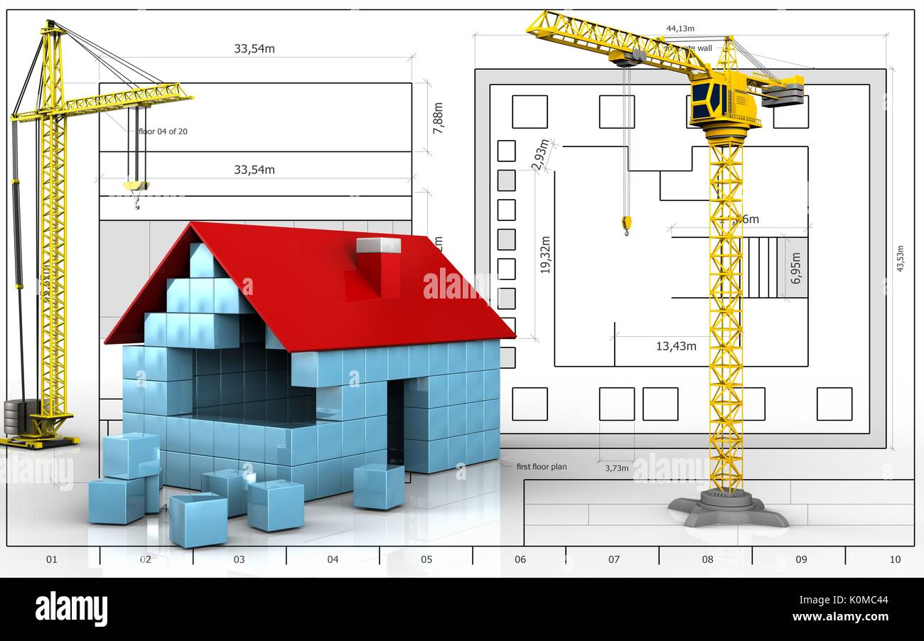 3d illustration of house blocks construction with crane over blueprint ...