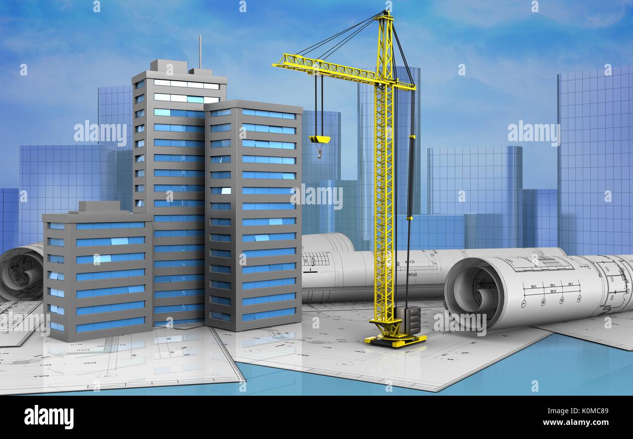 3d illustration of city buildings over skyscrappers background Stock ...