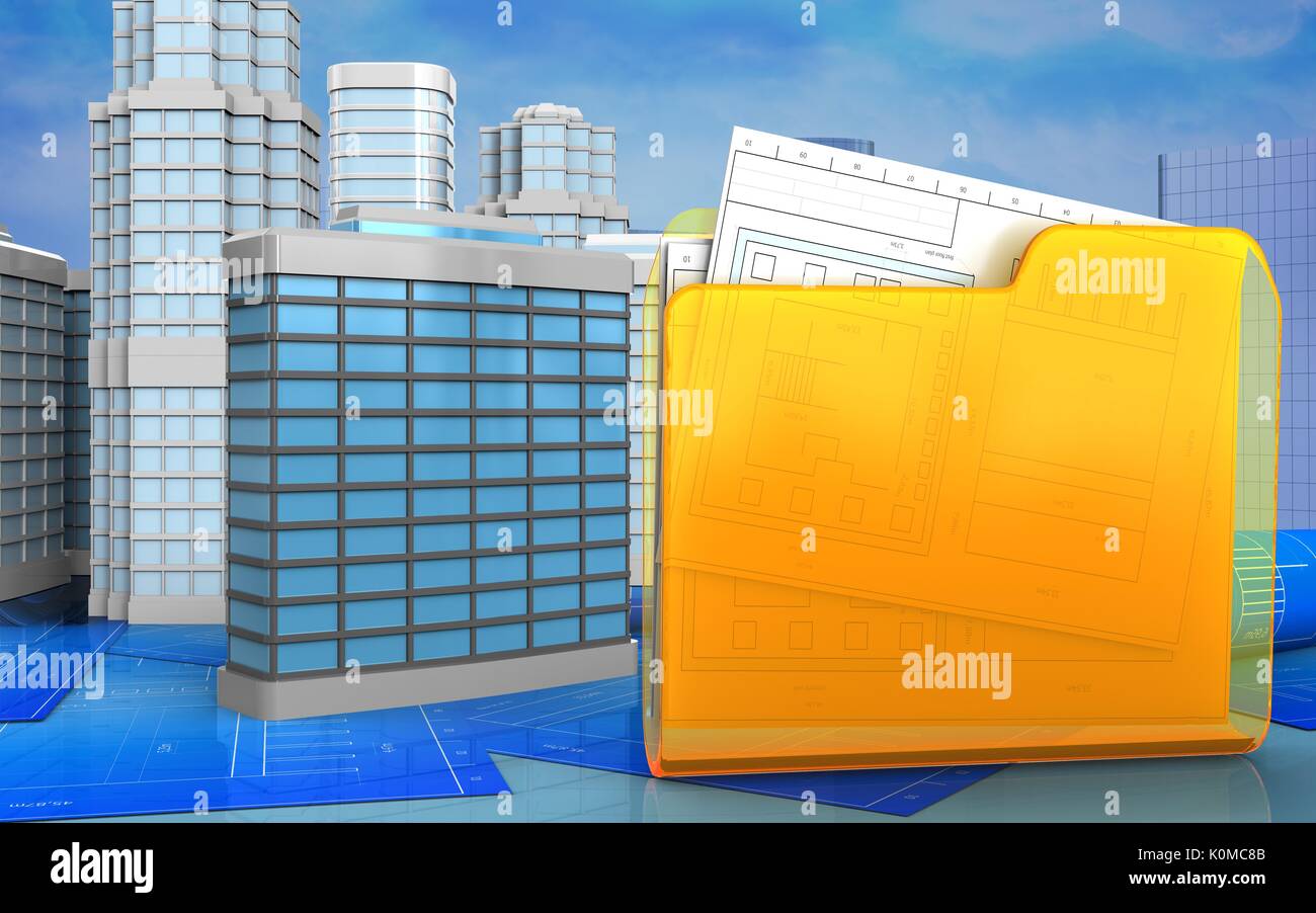 3d illustration of generic building with urban scene over skyscrappers ...