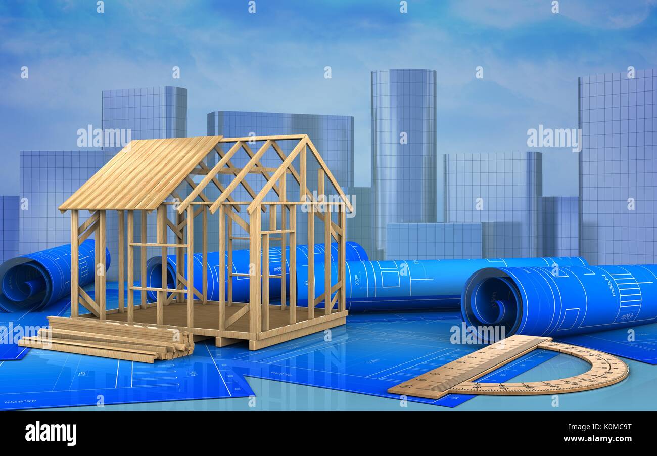 3d illustration of frame house construction over skyscrappers ...