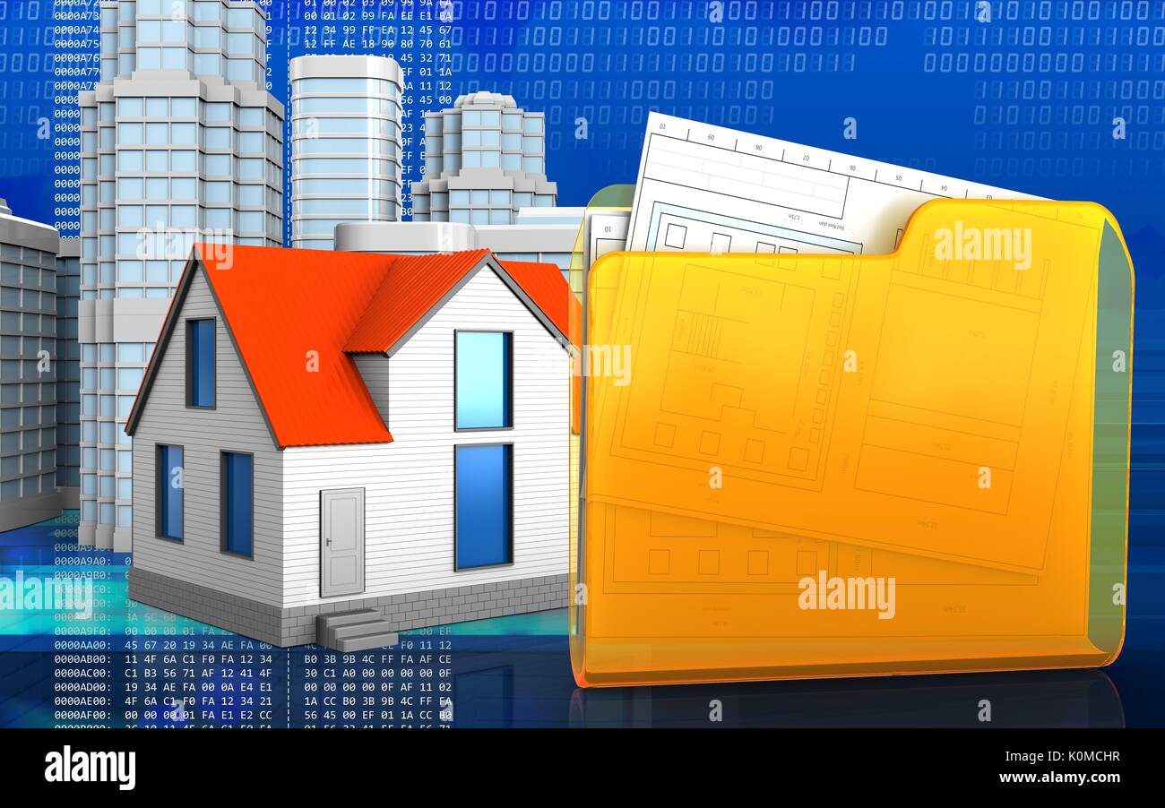 3d illustration of generic house with urban scene over digital ...