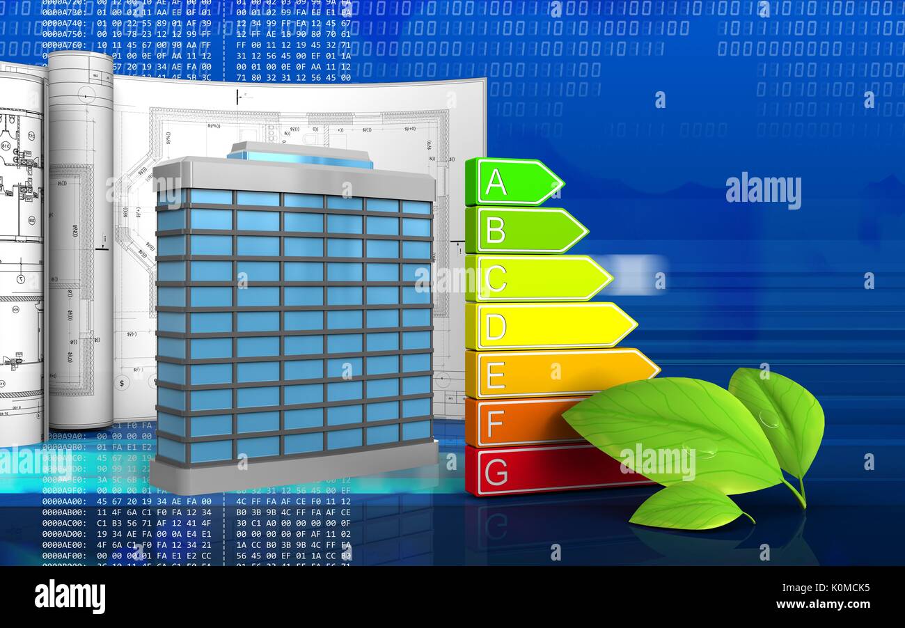 3d illustration of generic building with drawings over digital ...