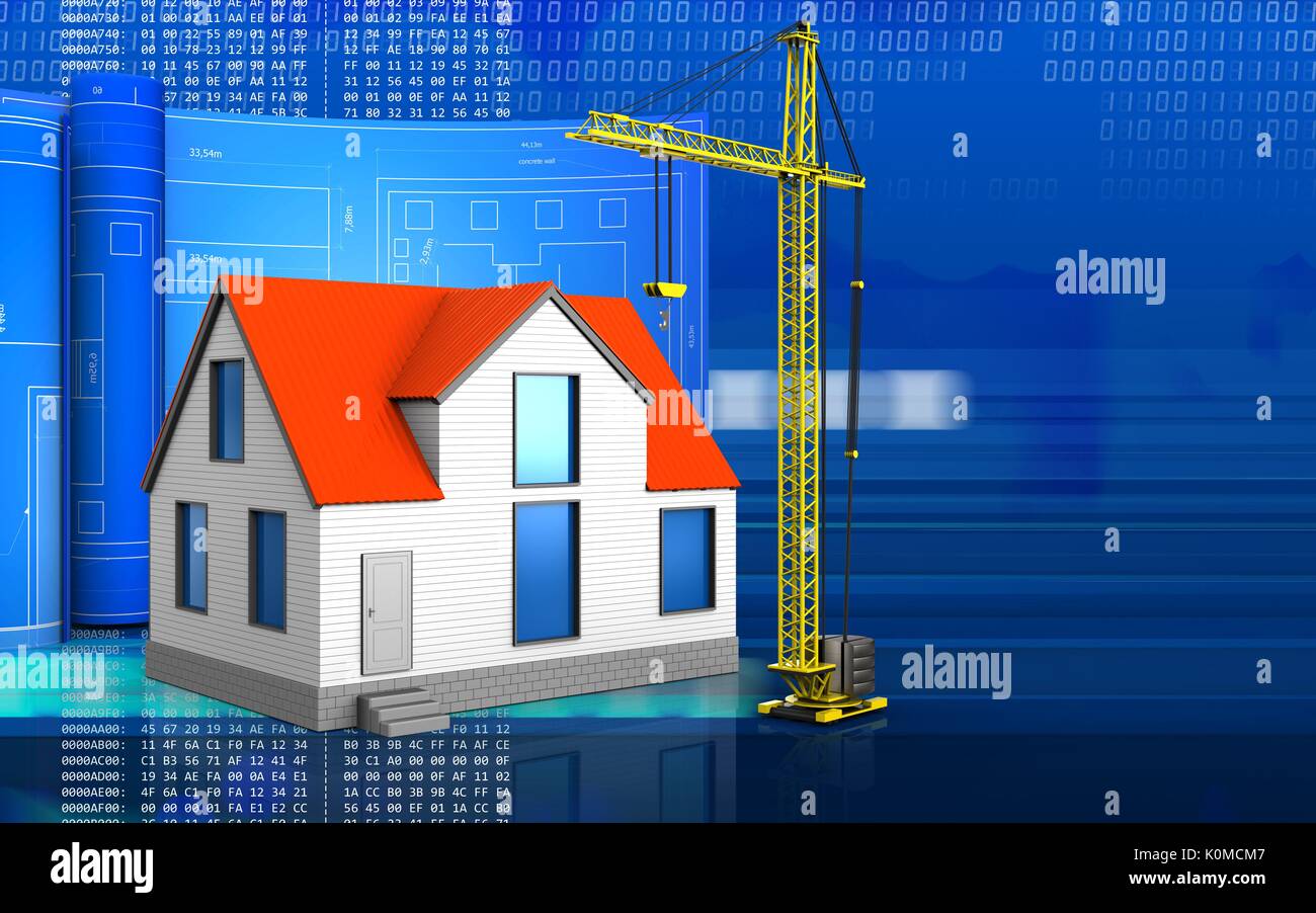 3d illustration of generic house with drawing roll over digital ...