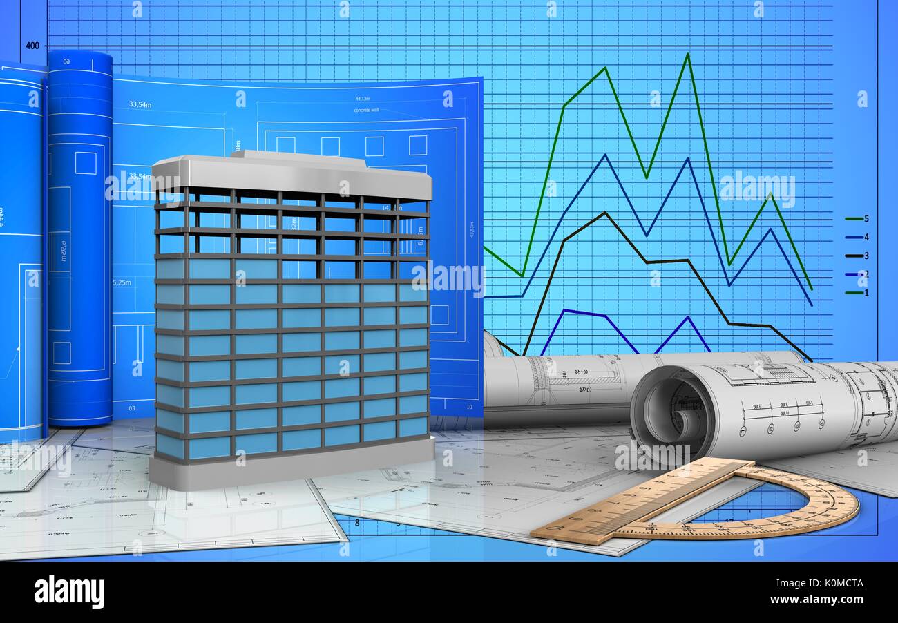 3d illustration of building construction with drawing roll over graph ...