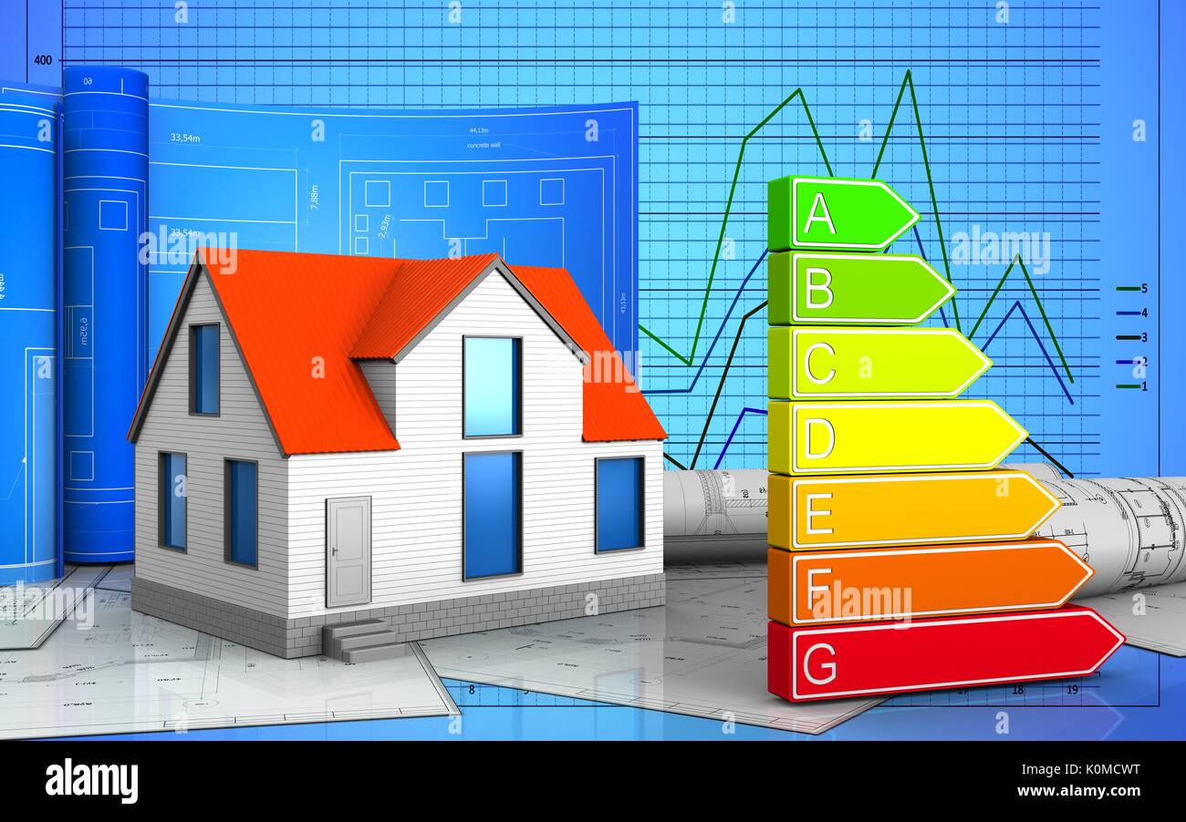 3d illustration of generic house with drawing roll over graph ...