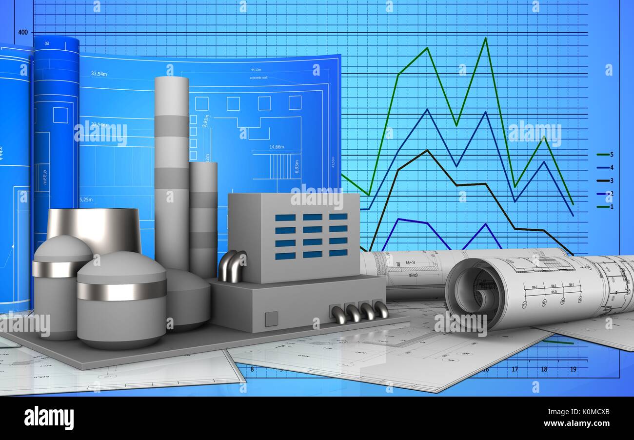 3d illustration of factory with drawing roll over graph background ...