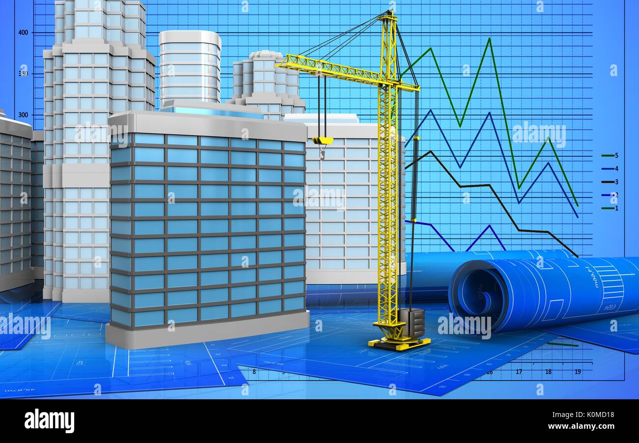 3d illustration of generic building with urban scene over graph ...