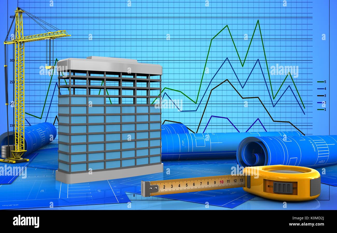 3d illustration of building construction with crane over graph ...