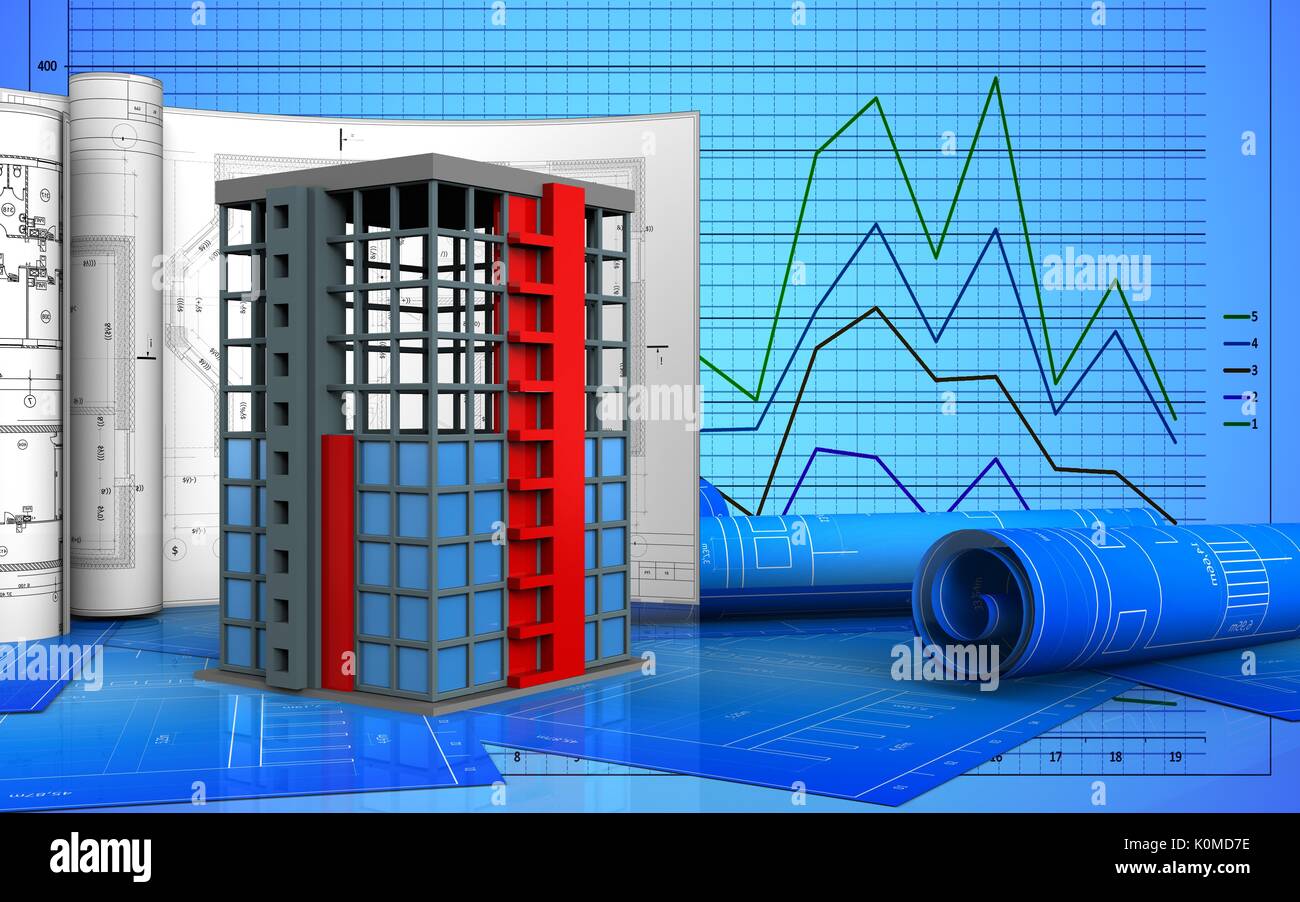 3d illustration of building construction with drawings over graph ...