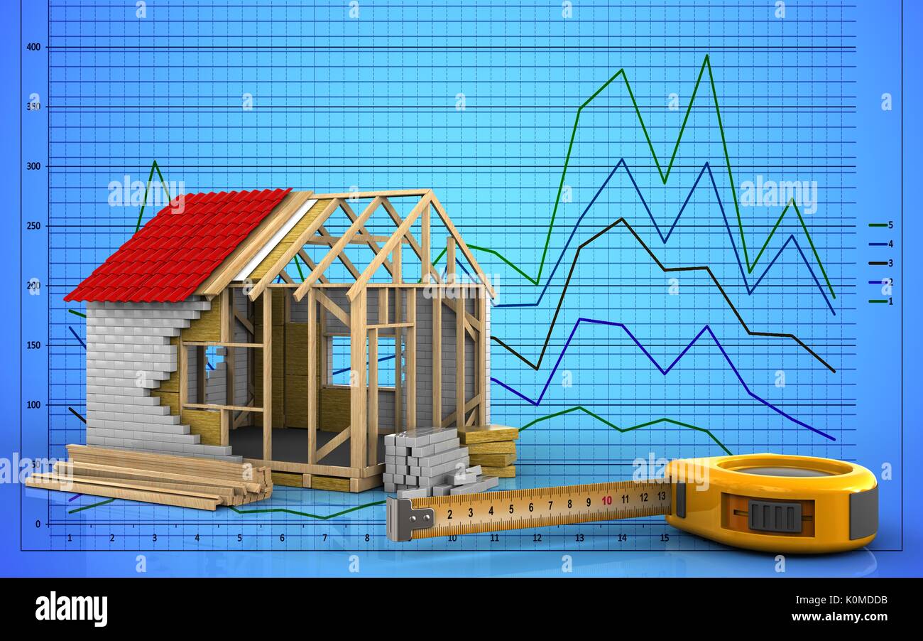 3d illustration of frame house over graph background Stock Photo - Alamy