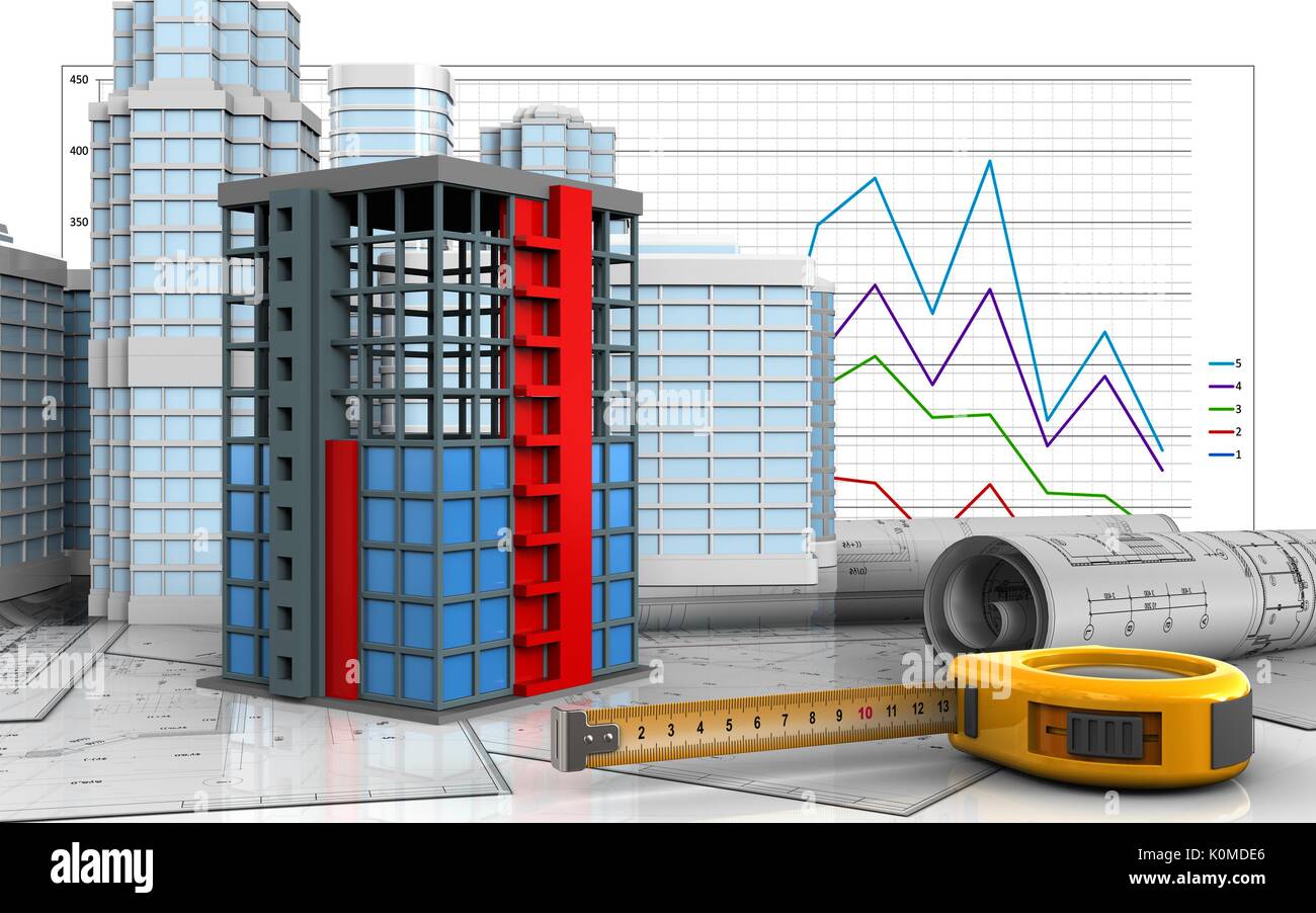 3d illustration of building construction with urban scene over business ...