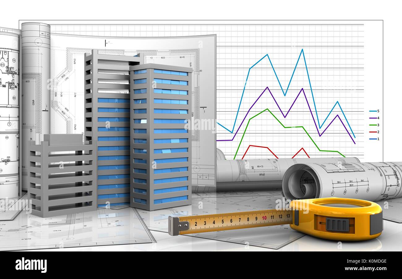 3d illustration of city buildings construction with drawings over ...