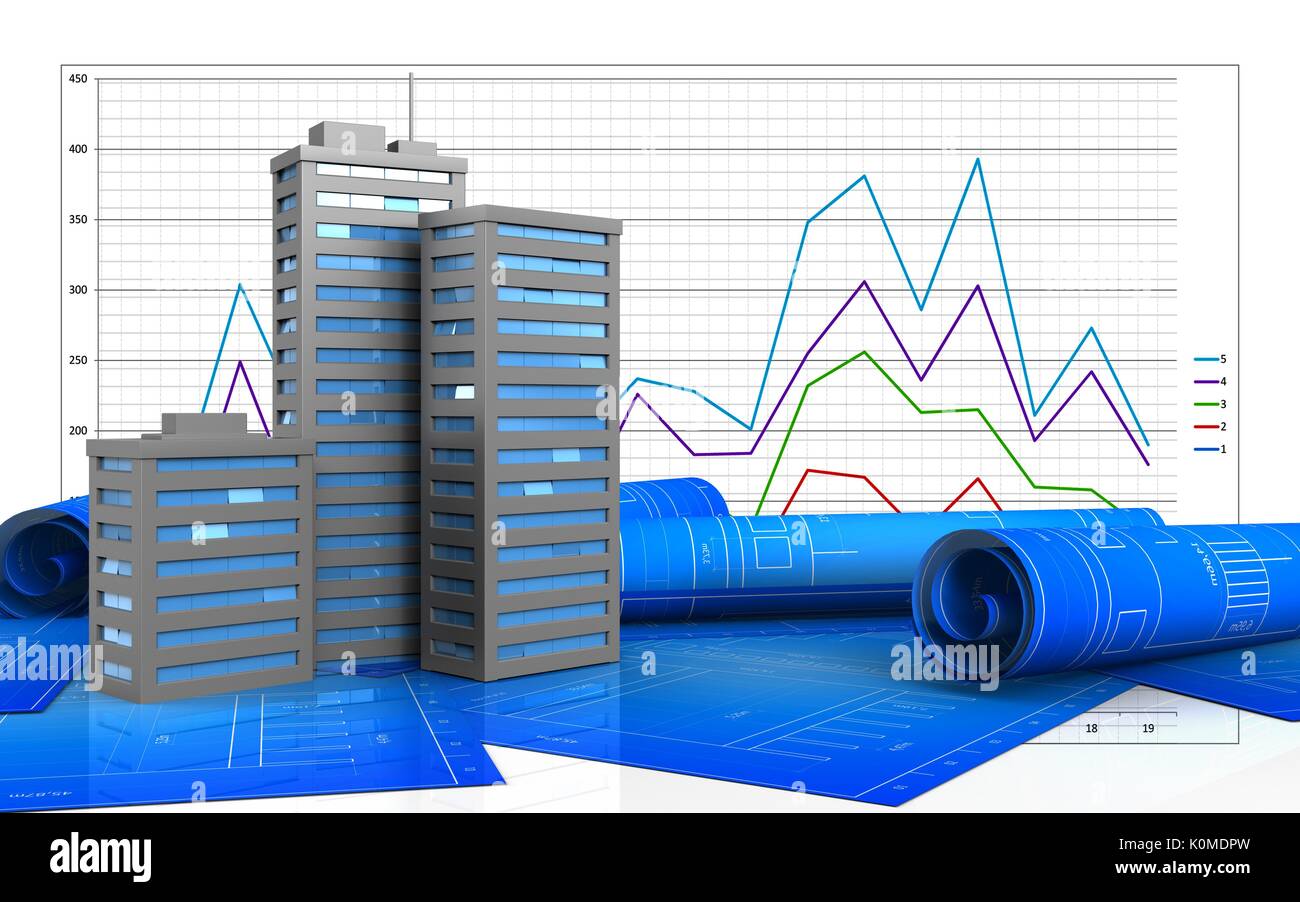 3d illustration of city buildings over business graph background Stock ...