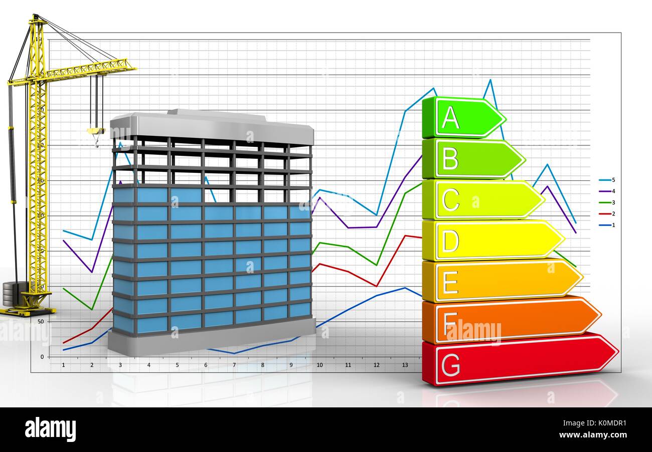 3d illustration of building construction with crane over business graph ...