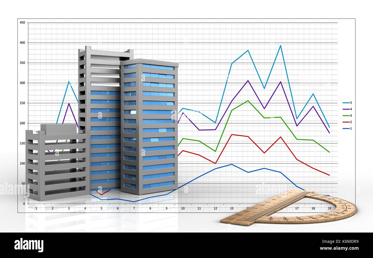 3d illustration of city buildings construction over business graph ...