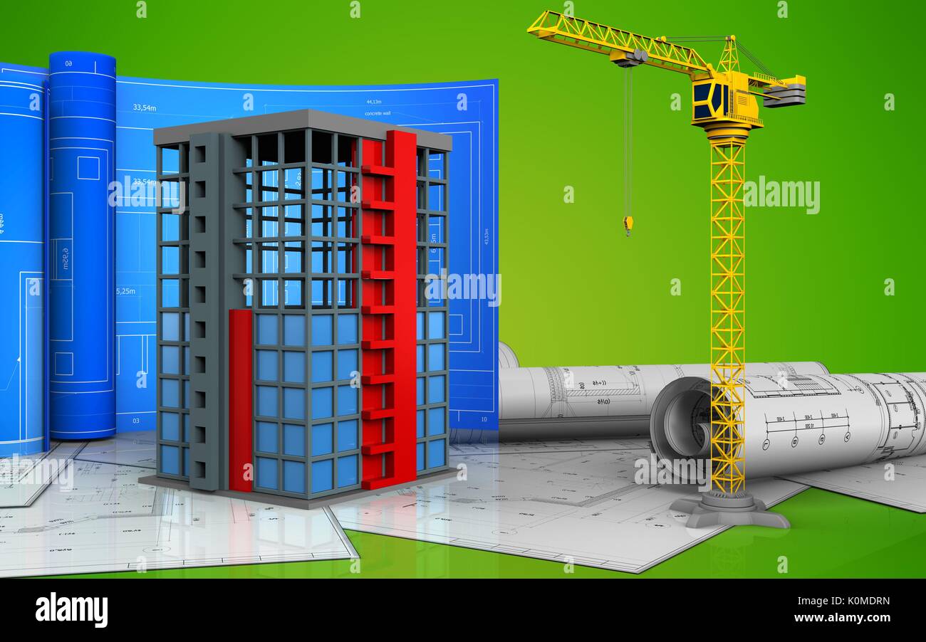 3d illustration of building construction with drawing roll over green ...