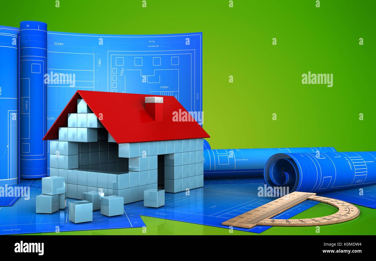 3d illustration of house blocks construction with drawing roll over ...