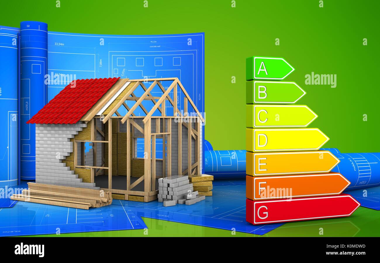3d illustration of frame house with drawing roll over green background ...