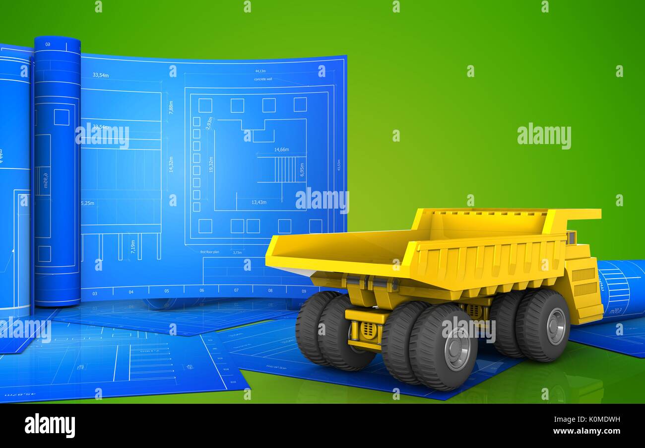 3d illustration of heavy truck with drawing roll over green background ...