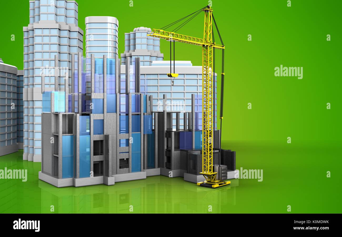 3d illustration of construction progress with urban scene over green ...