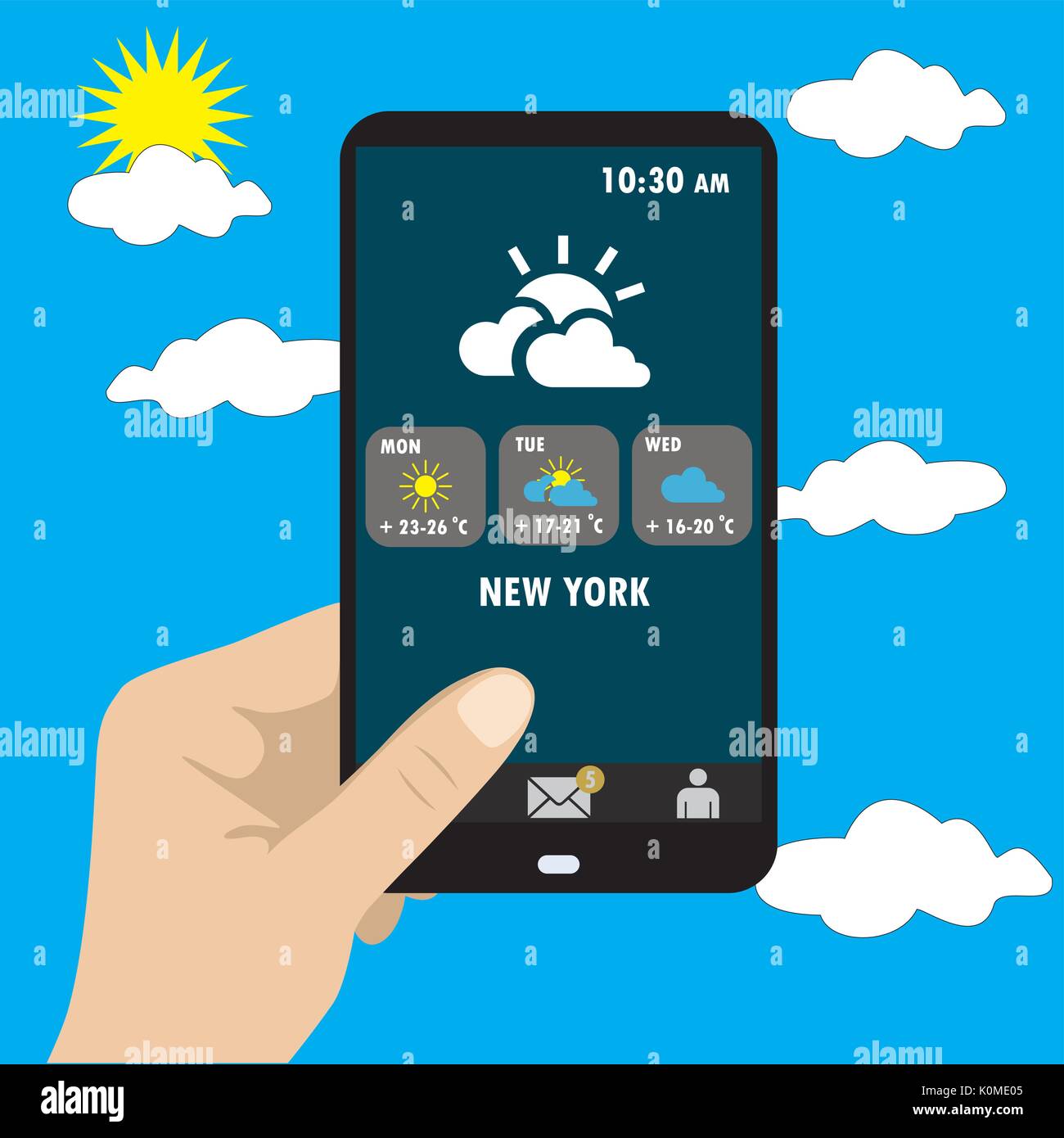 Vector illustration of smart phone in hand . Weather reports via smart ...