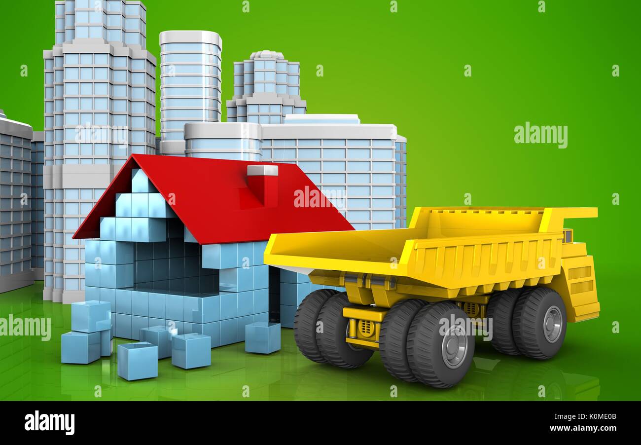 3d illustration of house blocks construction with urban scene over ...