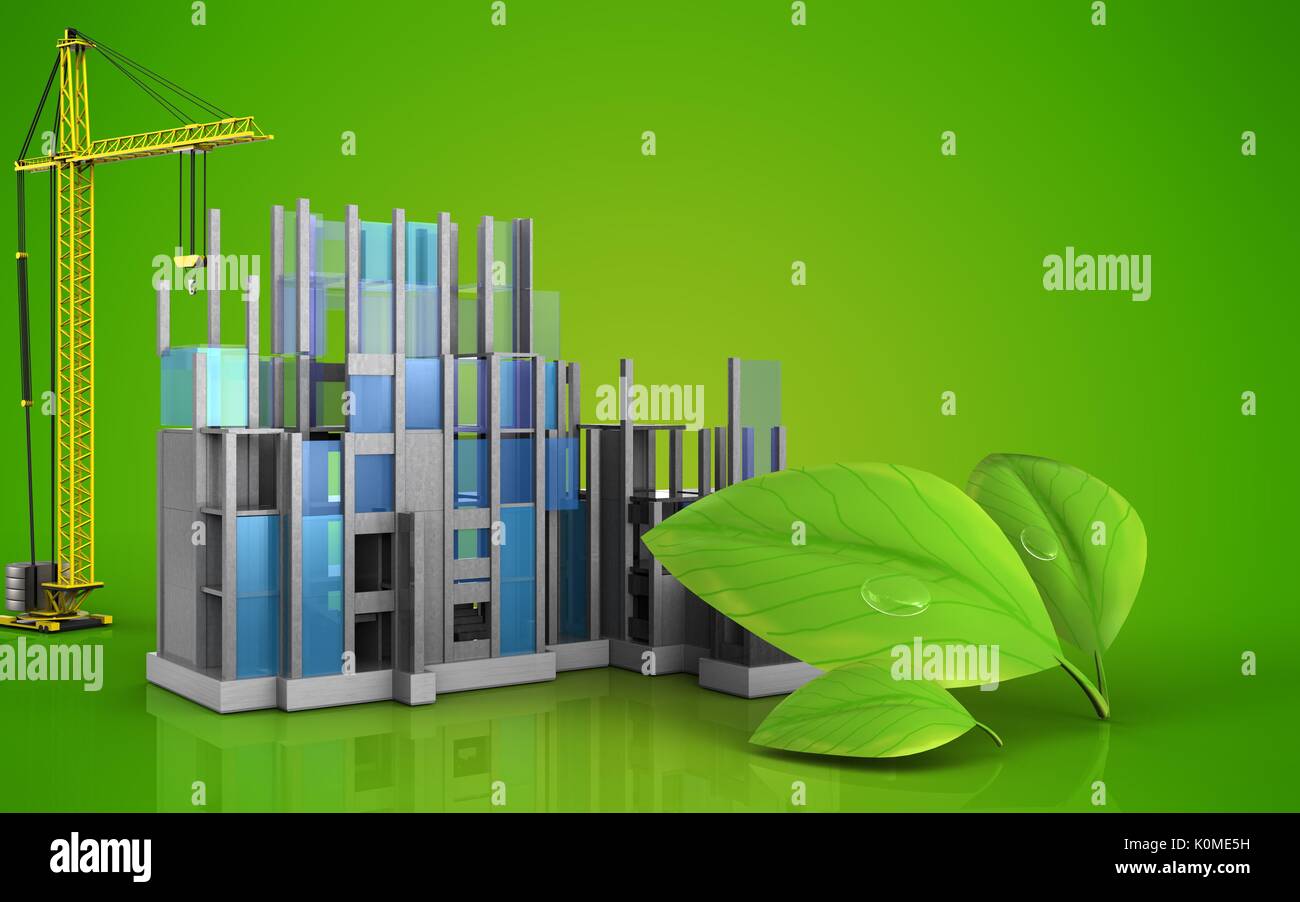 3d illustration of construction progress with crane over green ...