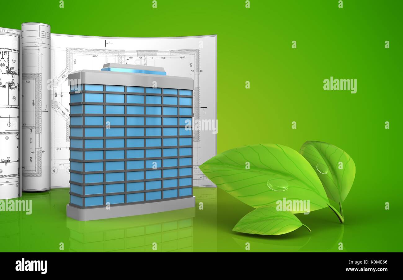 3d illustration of generic building with drawings over green background ...
