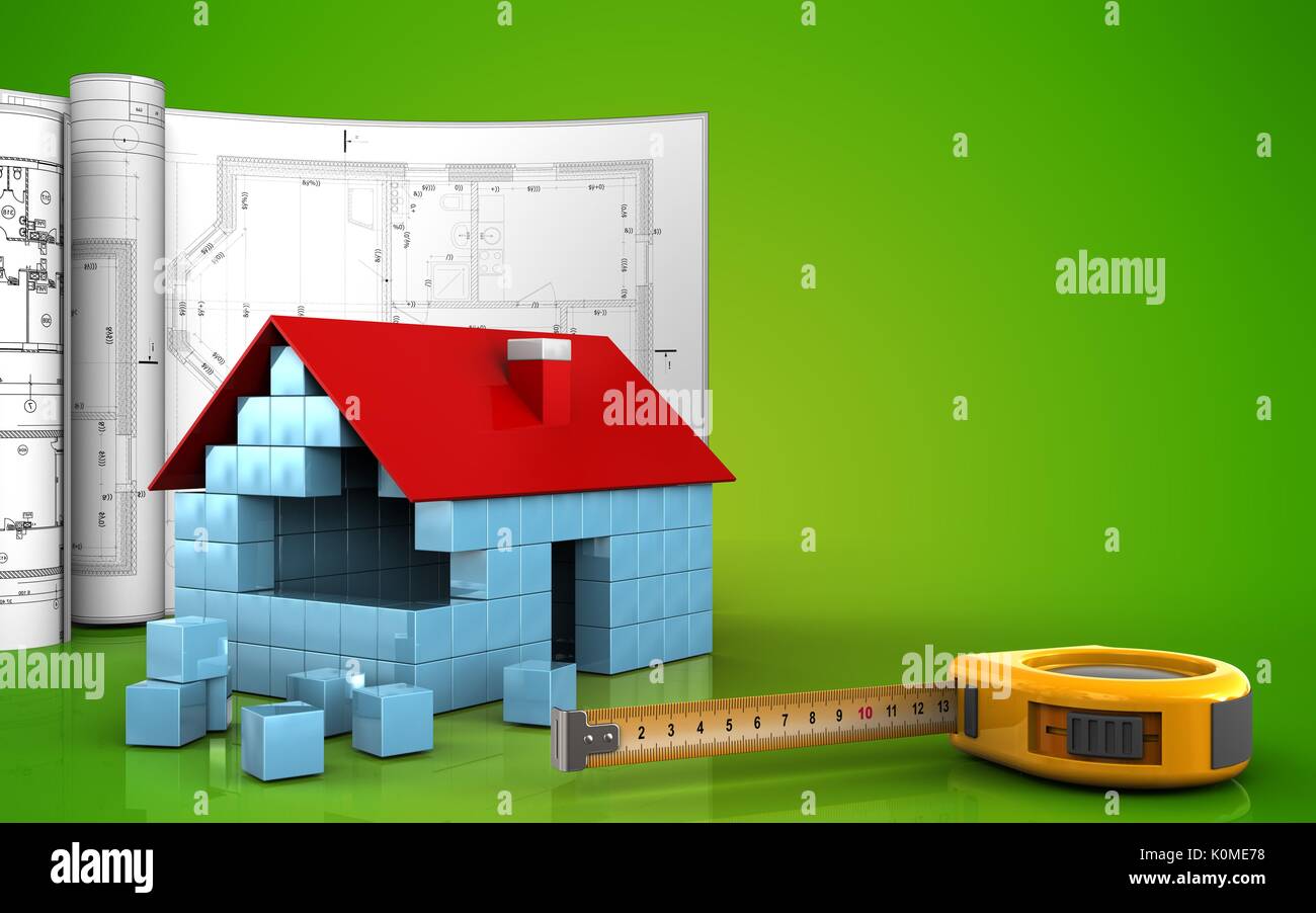 3d illustration of house blocks construction with drawings over green ...